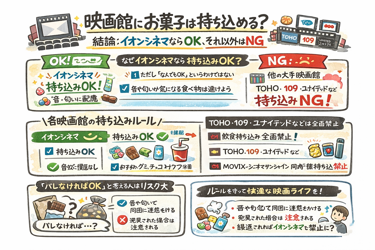 映画館にお菓子は持ち込める？【イオンシネマだけOK】マナー・おすすめまで完全ガイド - note’ no naka