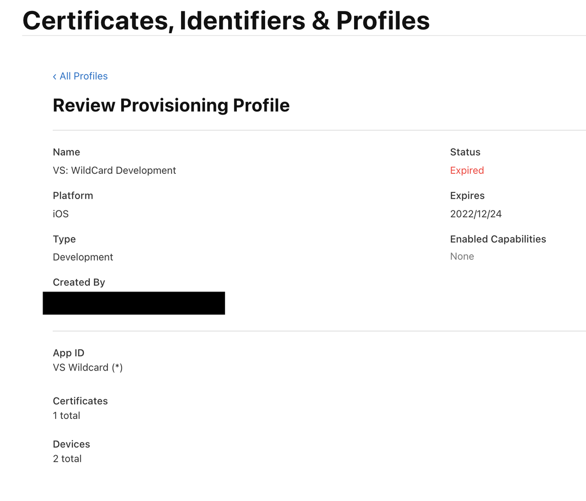 No iOS signing identities match the specified provisioning profile 'VS: WildCard Development ...