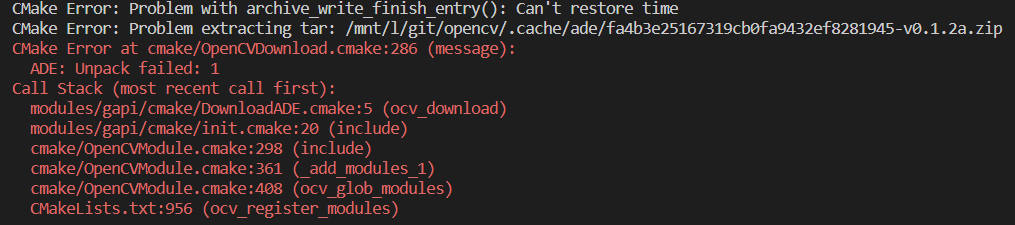 OpenCVのインストール中に遭遇したエラー(CMake Error: Problem with archive_write_finish_entry()、CMake Error ...
