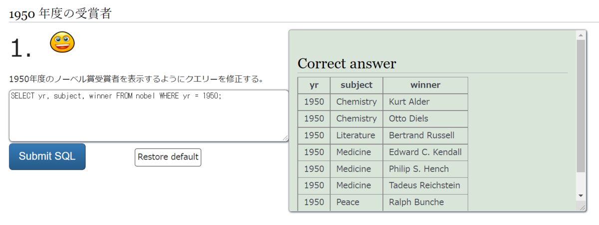 【SQL練習】【SQLZOO】 3 SELECT from Nobel - ろくろ猫のブログ