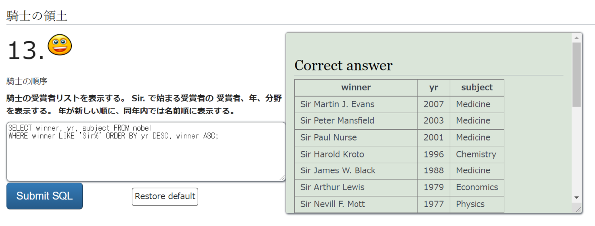 【SQL練習】【SQLZOO】 3 SELECT from Nobel - ろくろ猫のブログ