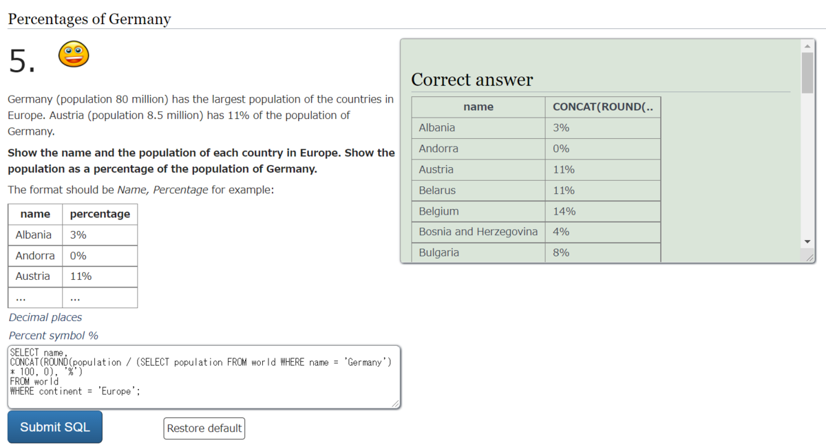 【SQL練習】【SQLZOO】 4 SELECT within SELECT - ろくろ猫のブログ