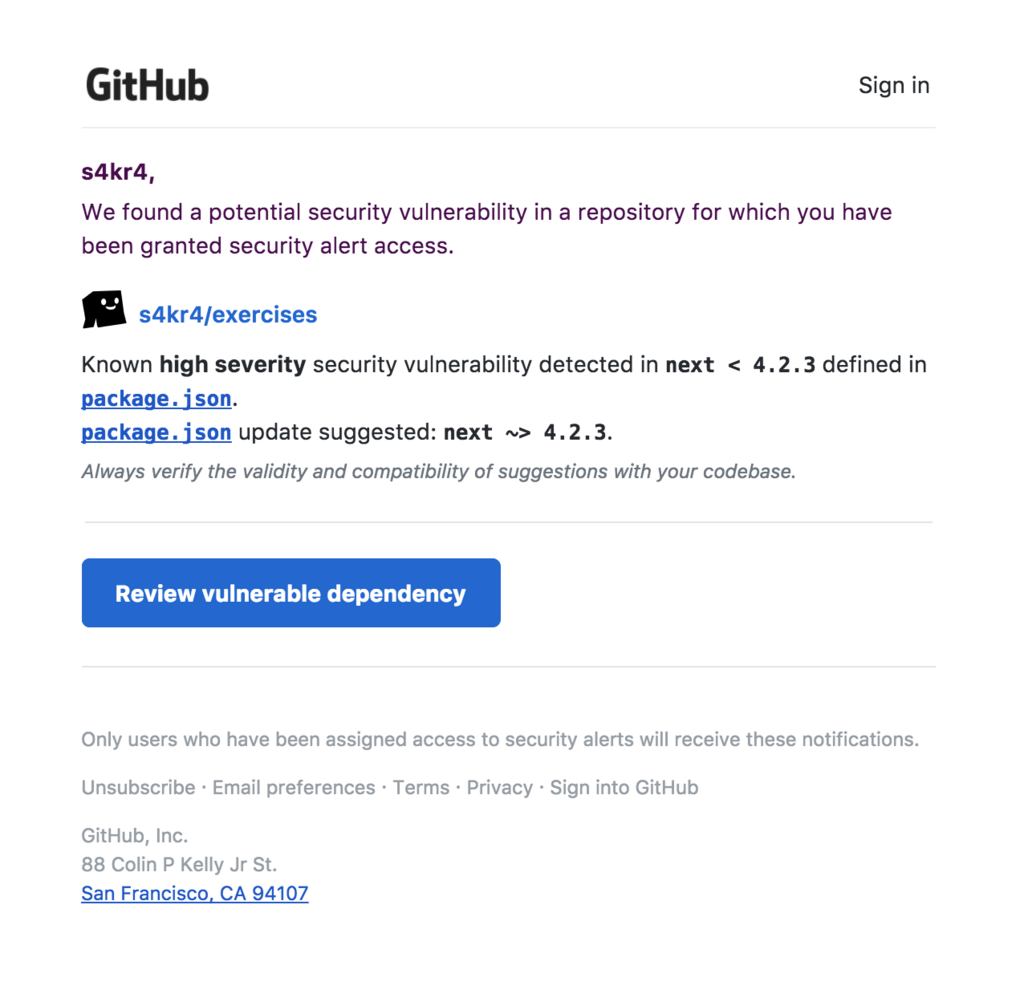 GitHubに "We found a potential security vulnerability in one of your ...
