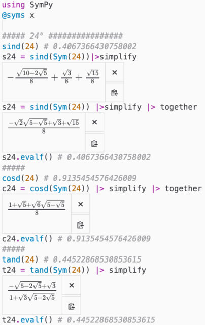 Julia/SymPy: sin(24°)，cos(24°)，tan(24°) - 算額あれこれ