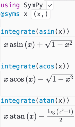 Julia/Sym Py: asin(), acos(), atan() の積分 - 算額あれこれ
