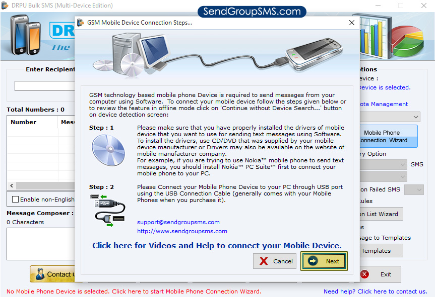 Broadcast multiple text messages from PC via connected GSM mobile phone ...
