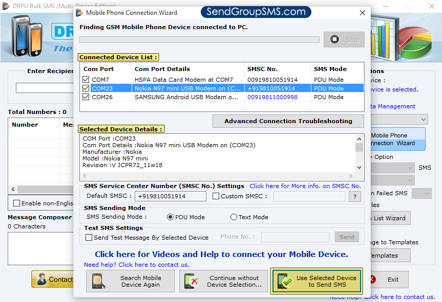 Broadcast multiple text messages from PC via connected GSM mobile phone ...