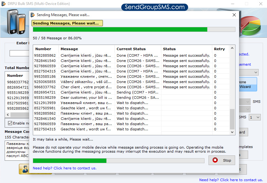 Broadcast multiple text messages from PC via connected GSM mobile phone ...