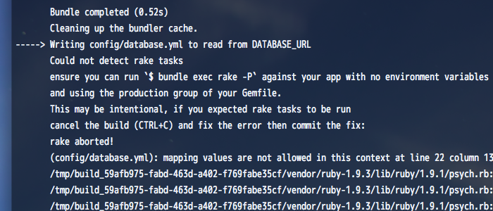 Heroku に database.yml を自動生成させて PostgreSQL に接続しようとしたけどエラー: "Could not detect rake tasks" - syonx
