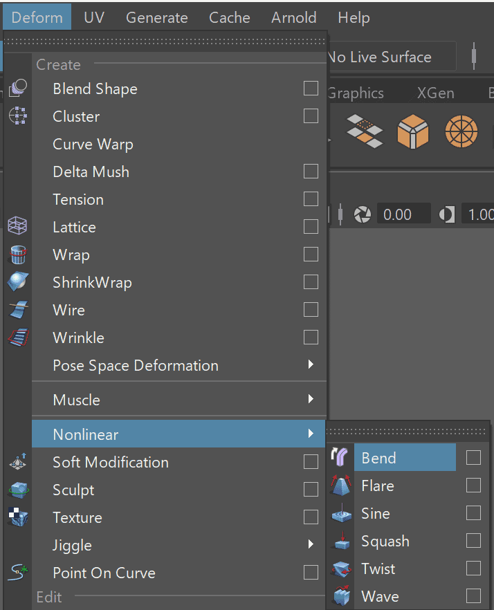 【Maya】覚書：モデリング – Deform > Nonlinearでオブジェクトを曲げたりツイストしたりする│モデリング覚書