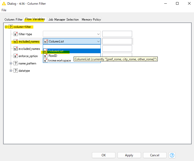 KNIME_Flow Variableタブの活用その2【column-filter】配列変数でカラムをフィルタ - たま氏の覚え書き