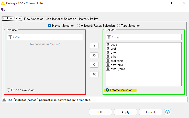 KNIME_Flow Variableタブの活用その2【column-filter】配列変数でカラムをフィルタ - たま氏の覚え書き