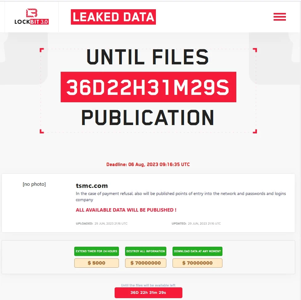 TSMC denies LockBit hack as ransomware gang demands $70 million - TT Malware Log