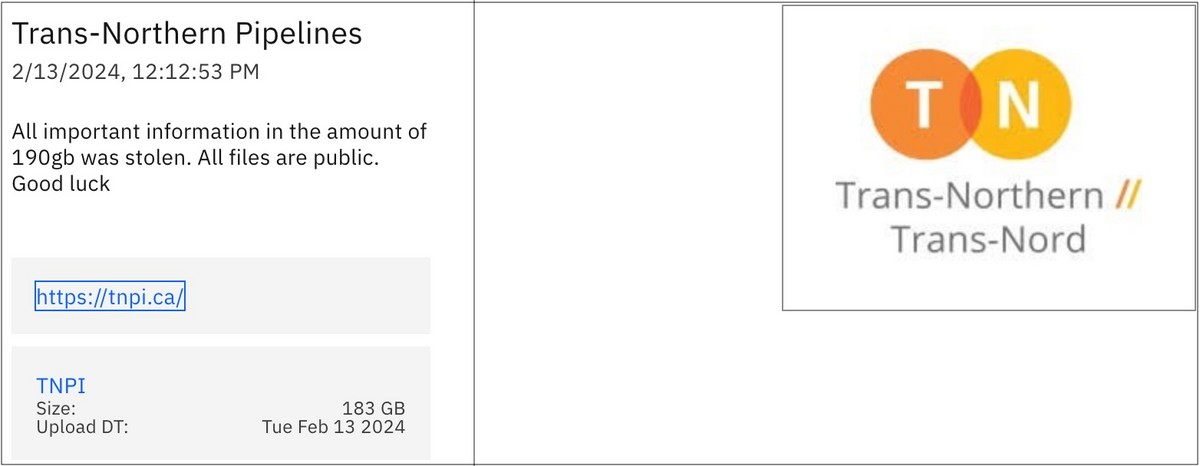 Trans-Northern Pipelines investigating ALPHV ransomware attack claims - TT Incidents Log
