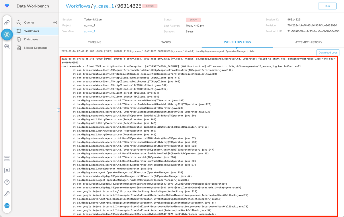 Workflowのtdオペレータの実行でAUTHENTICATION_FAILUREが出て実行に失敗する - Treasure Data - Support Engineering Team blog