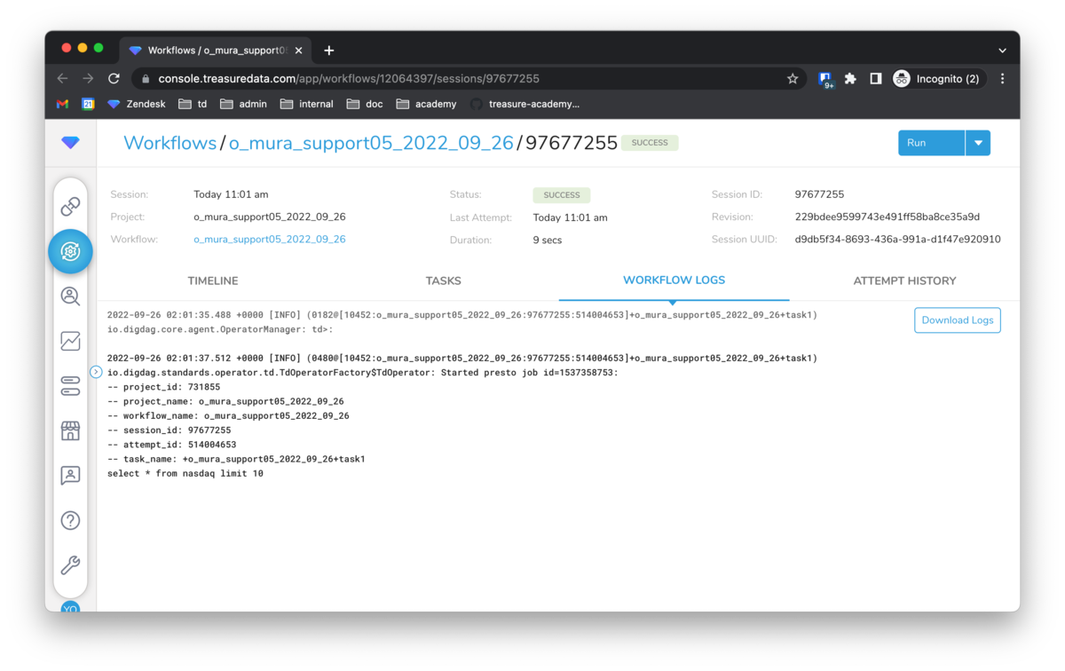 Workflowのtdオペレータの実行でAUTHENTICATION_FAILUREが出て実行に失敗する - Treasure Data - Support Engineering Team blog