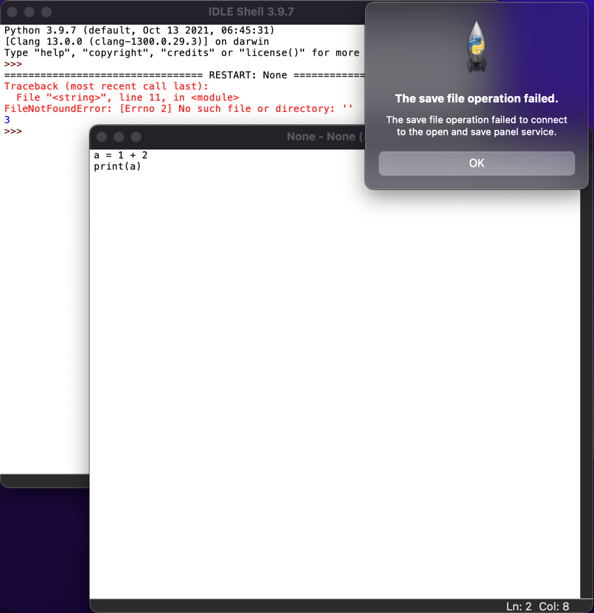 （未解決）mac IDLE 「The save file operation failed to connect to the open and save panel service ...