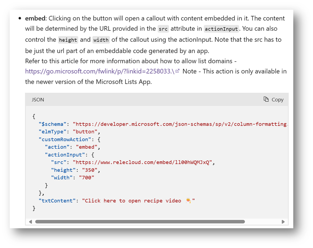 【List Formatting】customRowAction に embed が追加された！（外部サイトの埋め込み） - MyNote365