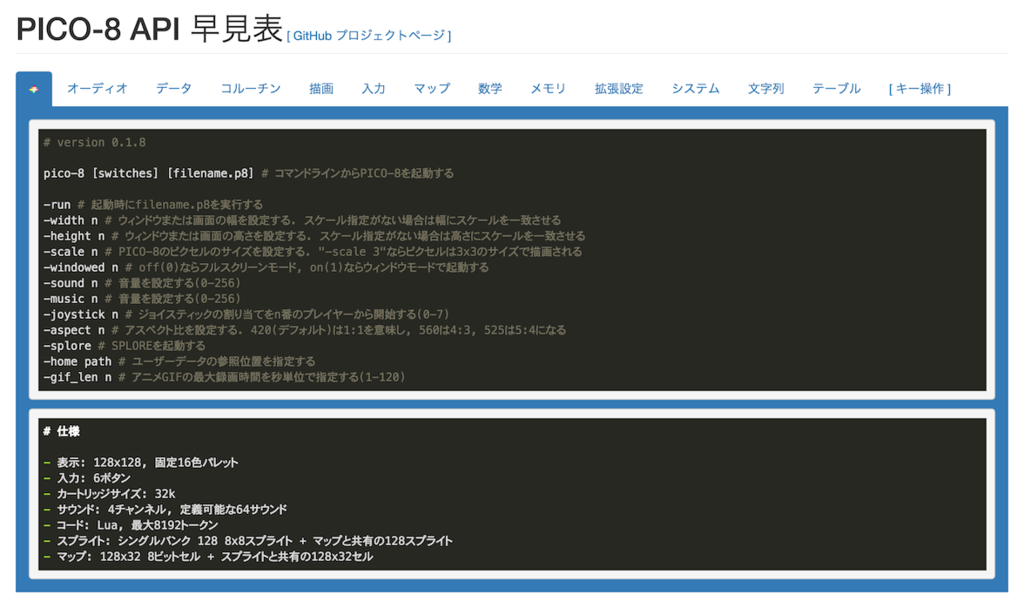 PICO-8 API 早見表 - kitao's blog