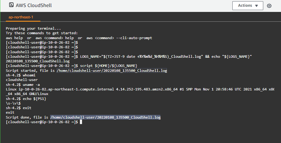 AWS CLI: AWS CloudShellで操作ログを取得してローカルPCへ保存する - ぶろとよ