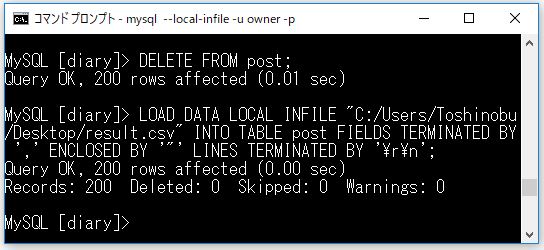 Windows 10 HomeにてMySQLのテーブルにcsvファイルでデータをインポート - ts0818のブログ