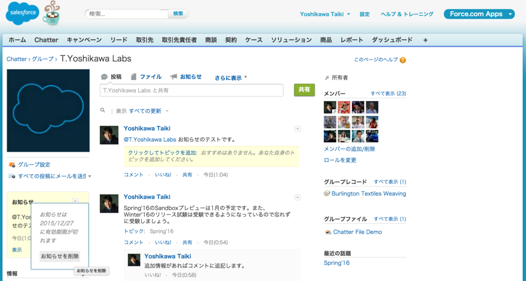 SFDC：Chatterグループのお知らせ機能 - tyoshikawa1106のブログ
