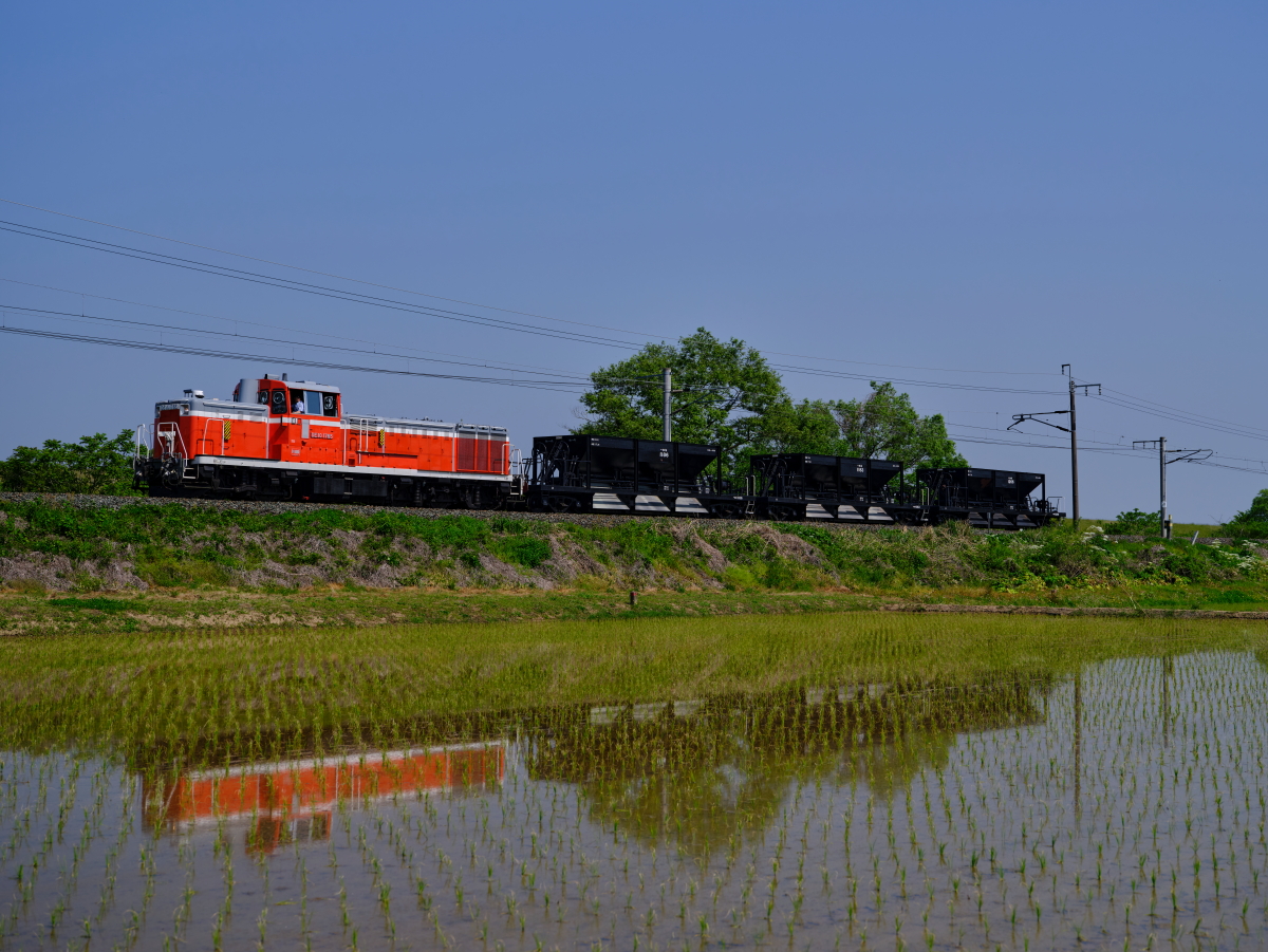 田植え直後の水田に映る、DE10-1765牽引のホキ工臨を撮る！ - 続 うっかり鉄の鉄道風景写真撮影記