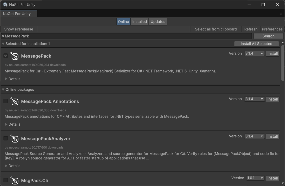 MessagePack for C#のインストール - all green