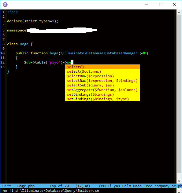 Emacs company-modeでLaravelのPHPコードの補完・定義ジャンプ - 勉強日記