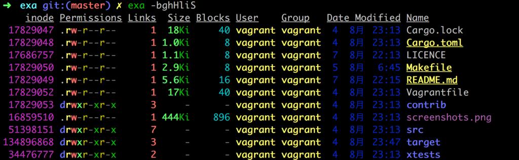 Linuxメモ : 「exa」Rustで書かれたカラフルなls代替コマンドを試す - もた日記
