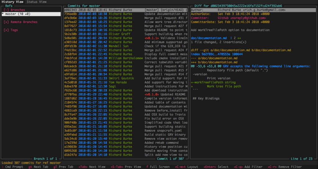 Gitメモ : 「GRV(Git Repository Viewer)」ターミナルベースのリポジトリビューア - もた日記