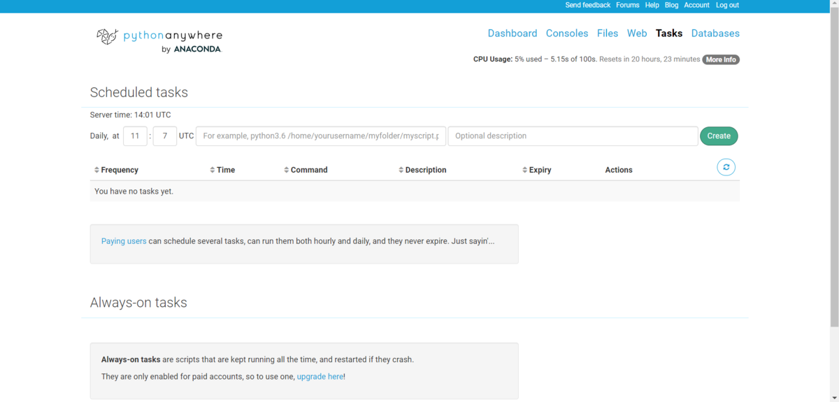 Pythonanywhereでpythonスクリプトをスケジュール通りに実行する設定方法 - Startup Data scientist Blog