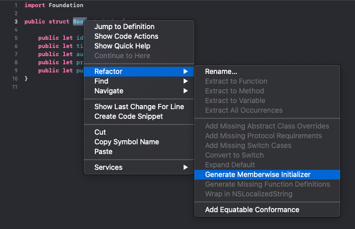 Swift - Struct のイニシャライザを Xcode で自動生成する - xyk blog