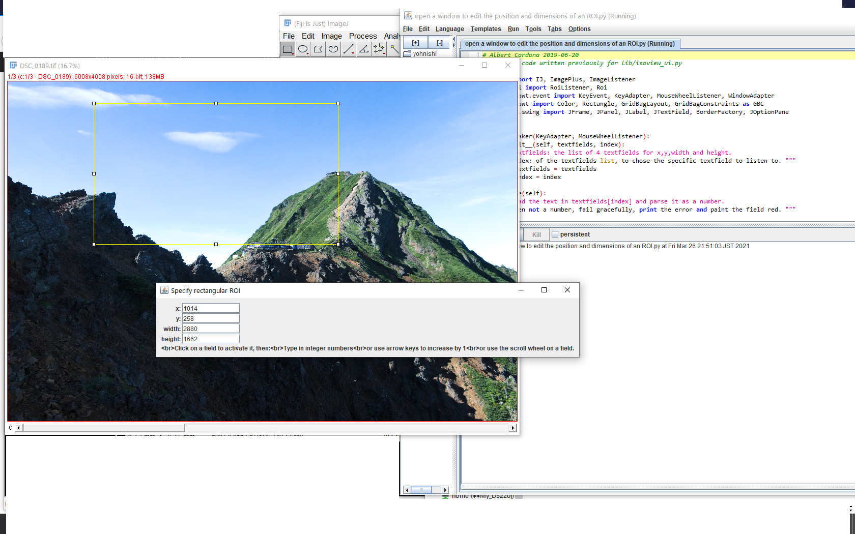 ImageJ / Python: 対話型ユーザインターフェースのお勉強 (ROI設定ダイアログ) - 省型旧形国電の残影を求めて