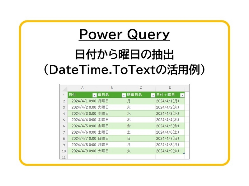 【Power Query】日付から曜日の抽出（DateTime.ToTextなどの活用例） - shikumika’s diary