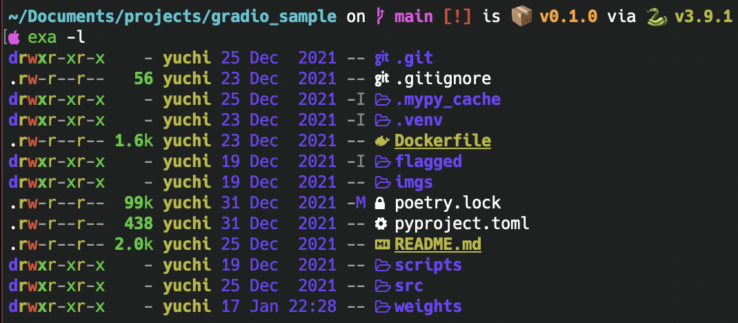 lsコマンドの改良版であるexaでファイル一覧をカラフルに表示する - yiskw note