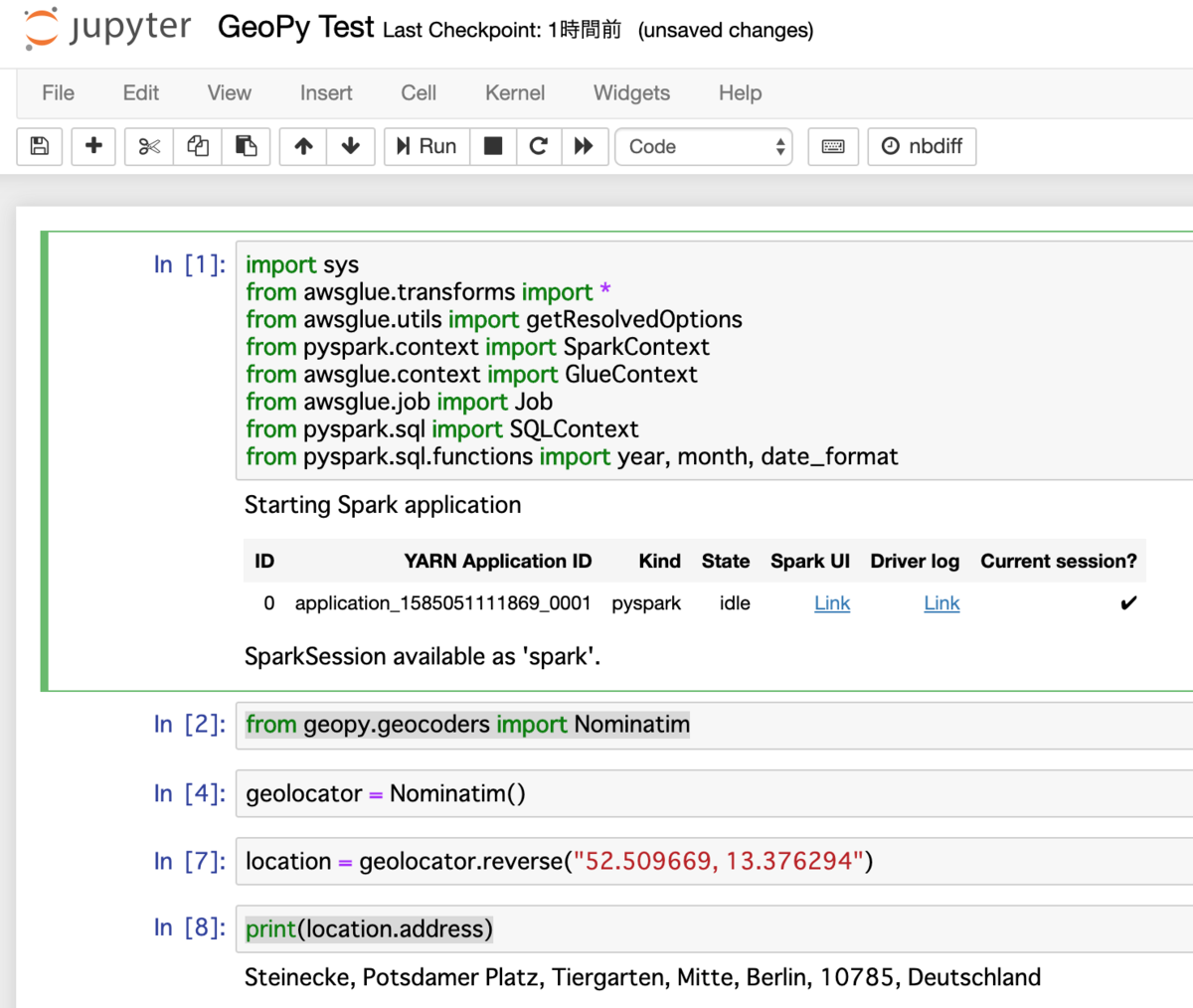 Glue 開発エンドポイントの Jupyter Notebook で GeoPy を使ってみた - ablog