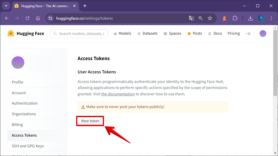 Hugging Face のアクセストークンの発行の仕方 - ジャコ Lab